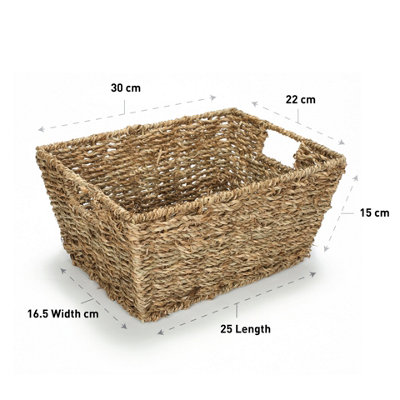 Woodluv Set of 3 Seagrass Rectangular Hamper Shelf Storage Baskets With Inset Handles