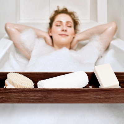 Woodluv Slimline Acacia Wood Bathtub Caddy Tray Bridge Wooden Bath Rack ...