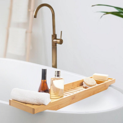Woodluv Slimline Bamboo Bathtub Caddy Tray Bridge Wooden Bath Rack Bath Shelf Over Tub 70 x