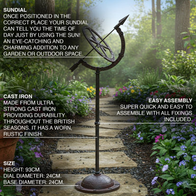 Woodside Cast Iron Garden Sundial Clock, Antique Ornamental Outdoor Décor