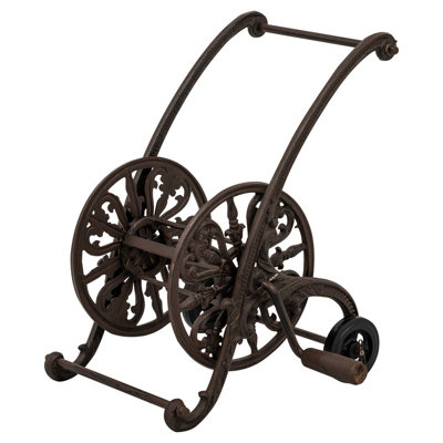 Woodside Cast Iron Garden Water Hose Reel with Wind Up Handle & Wheels