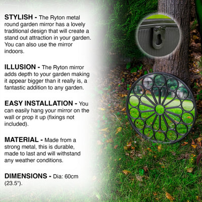 Woodside Ryton Decorative Round Outdoor Garden Mirror, Dia: 60cm