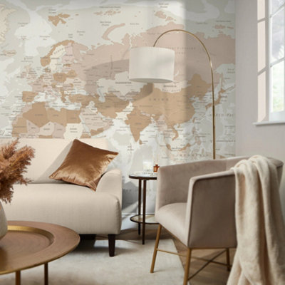 World Map Mural In Neutral (300cm x 240cm)