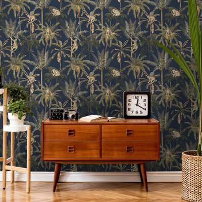 World of Wallpaper Amazonia Monkey Trees Wallpaper Navy (50280-BUR)
