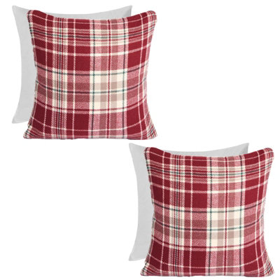 Woven Check Cushion Covers Tartan Pack of 2 Filled Pillow, 45 x 45cm - Red