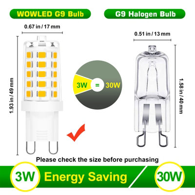 WOWLED 10 X G9 LED Light Bulbs, 3W Warm White, Equivalent to 35W G9 Halogen Bulbs,3000K 230V for ...