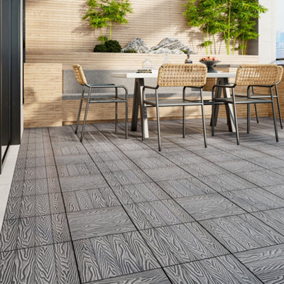 WPC Decking Tile Set Dark Grey Wood Grain Effect Floor Tiles Set,Pack ...