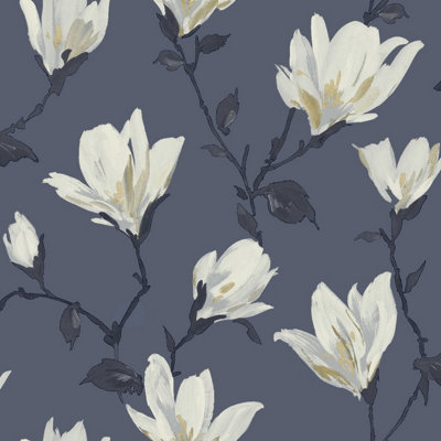 WPE Lily Floral Navy Wallpaper Botanical Wall Covering for Bedroom ...