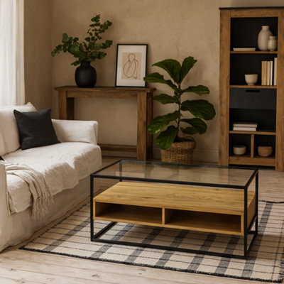 Wrenna TV Unit Black Frame, Natural Oak-Effect Shelves, Tempered Glass Top