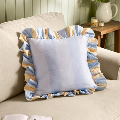 Wylder Birdie Stripe Ruffle Feather Filled Cushion, Lemon/Sky, 45 x 45cm