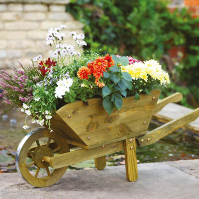 X-Large Wooden Wheelbarrow Planter - Decorative Pinewood Outdoor Garden ...