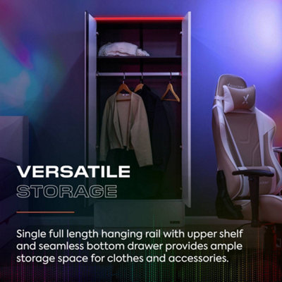X-Rocker Carbon-Tek 2 Door Wardrobe with Drawer and RGB Lighting - WHITE