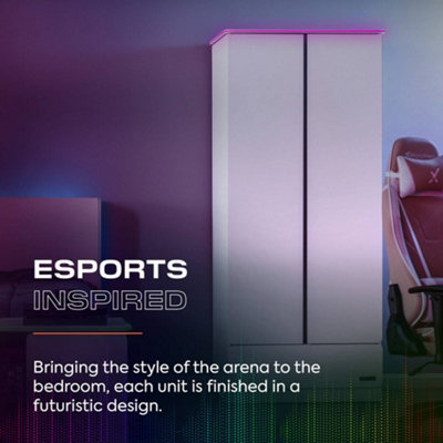 X-Rocker Carbon-Tek 2 Door Wardrobe with Drawer and RGB Lighting - WHITE