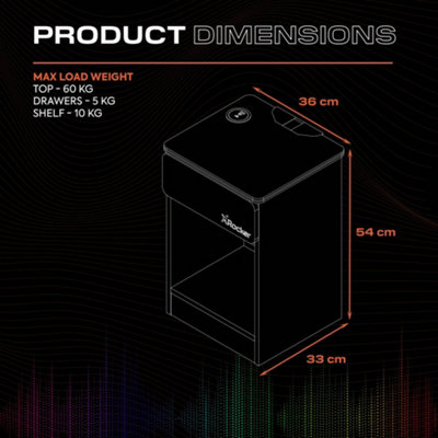 X Rocker Carbon-Tek LED Bedside Side Table with Wireless Charging and ...