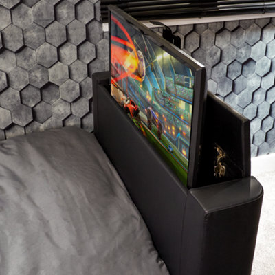X Rocker Cerberus Ottoman TV Bed Small Double 4ft with Storage 32 Electric Lift PU Leather