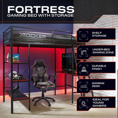X Rocker Fortress High Sleeper Gaming Bunk Bed with Shelves - Black