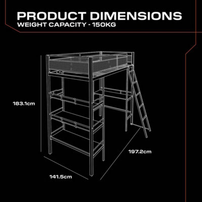 X ROCKER FORTRESS HIGH SLEEPER GAMING BUNK BED WITH SHELVES - BLACK
