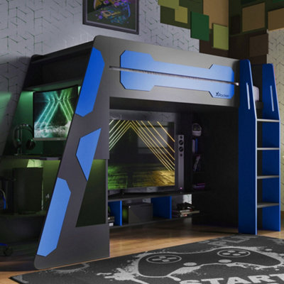 X Rocker Garrison High Sleeper Gaming Bunk Bed with Gaming Desk - Blue