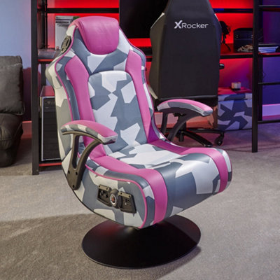 X Rocker Geo Camo Gaming Chair 2.1 Audio Console Gaming Seat with Wireless Speakers and Audio Vibration PINK