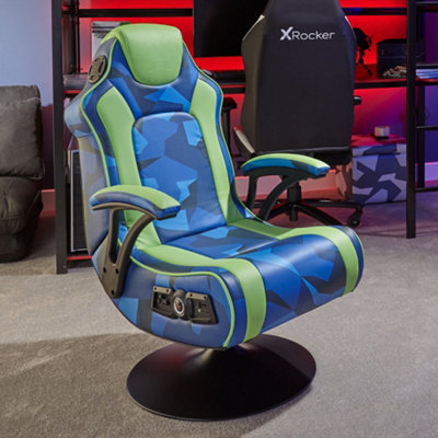 X Rocker Geo Camo Gaming Chair 2.1 Audio Console Gaming Seat with Wireless Speakers Audio Vibration GREEN BLUE