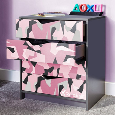 X Rocker Hideout Bedroom Chest of 4 Drawers Pink & Grey Camo Printed ...