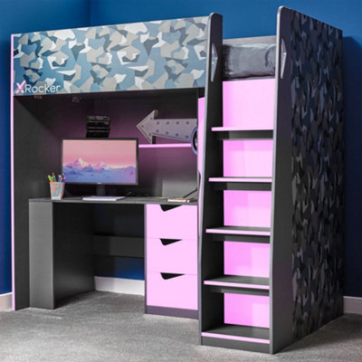 X-Rocker Hideout High Sleeper Bed Storage Desk Wooden Single 3ft Gaming ...