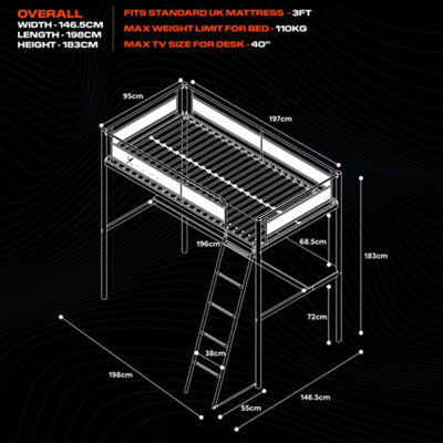 X-Rocker HQ Gaming Bunk Bed with Large Desk Kids Loft High Sleeper 3ft ...