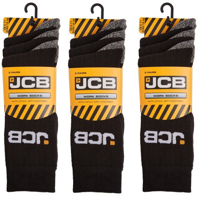 x3 JCB 3 Pack of Site Work Boot Socks Reinforced Heel Toe Black Grey ...