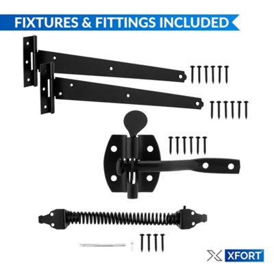 XFORT Auto Gate Latch Black Pack, Complete with T-Hinges & 8" Gate Spring