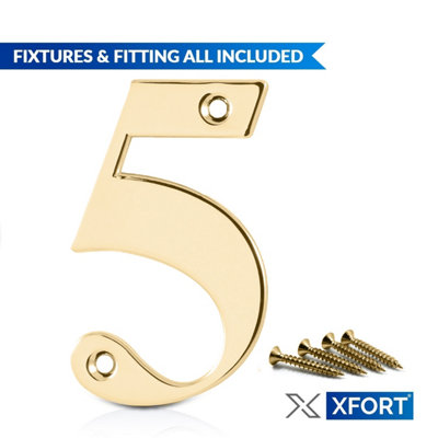 XFORT Front Door Number, Number 5, Polished Brass