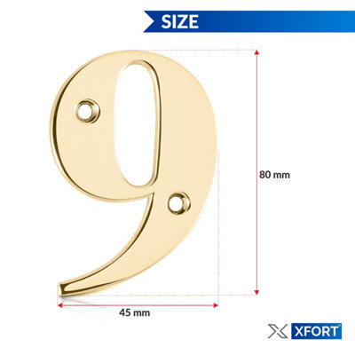 XFORT Front Door Number, Number 9, Polished Brass