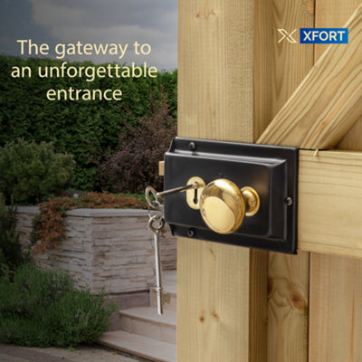 XFORT Premium Range Traditional Black Rim Lock Set with Polished Brass ...