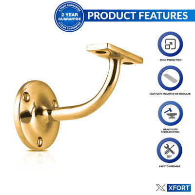 XFORT Set of 2 Polished Brass Handrail Brackets, Banister Brackets for ...