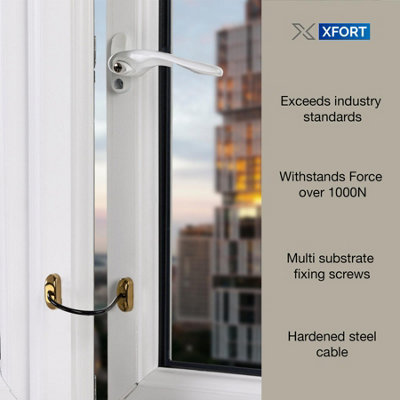 XFORT Viper Fixed Cable Window Restrictor in Polished Brass