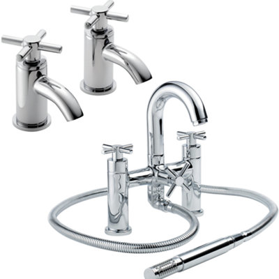 Xia Basin Tap Pair & Bath Shower Mixer Set Chrome Cross Handle Brass ...
