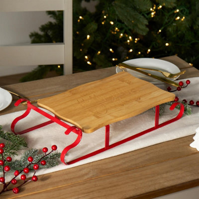 Xmas Sleigh Bamboo Serving Platter Cutting Board with Metal Frame