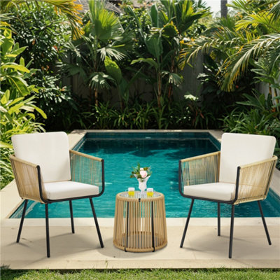 Yaheetech 3 Piece Tan/Cream Wicker Outdoor Patio Bistro Set with ...