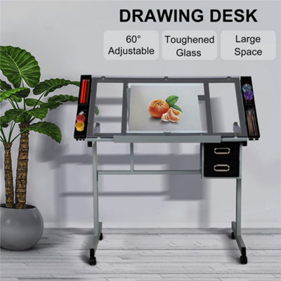 Yaheetech Adjustable Drafting Table Glass Tabletop with Drawers