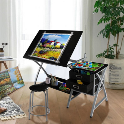 Yaheetech Adjustable Drafting Table with Stool and Drawers Black