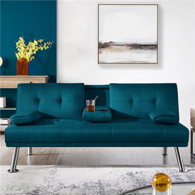 Yaheetech Aqua Blue Fabric Upholstered Convertible Futon Sofa Bed for ...