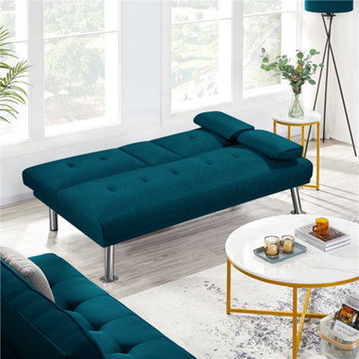 Yaheetech Aqua Blue Fabric Upholstered Convertible Futon Sofa Bed for ...