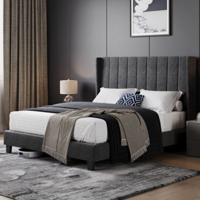Yaheetech Bed Frame with Channel Tufted Headboard - Dark Grey / Double