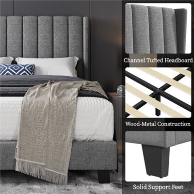 Yaheetech Bed Frame with Channel Tufted Headboard - Light Grey / Double