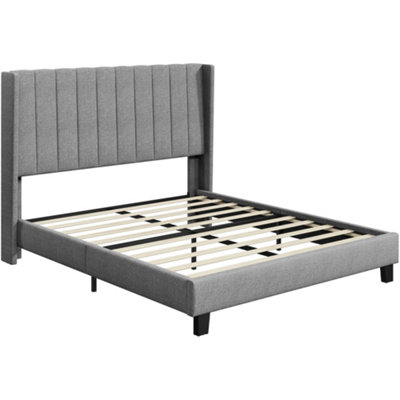 YAHEETECH BED FRAME WITH CHANNEL TUFTED HEADBOARD - LIGHT GREY / KING