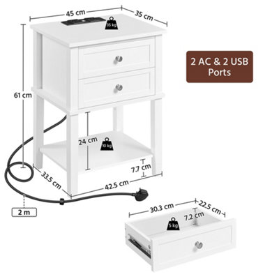Yaheetech Bedside Table with Charging Station 2 USB Ports White