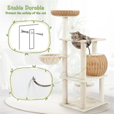 Yaheetech Beige 137.5cm Rattan Cat Tree Plush Cat Tower Medium