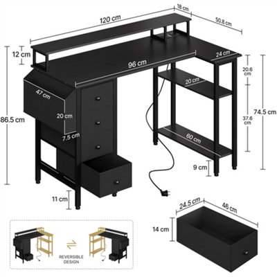 Yaheetech Black 120 cm L Shaped Wooden Computer Desk with Charging ...