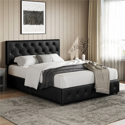 Yaheetech Black 4ft6 Double Faux Leather Upholstered Bed Frame with ...