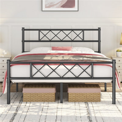 Yaheetech Black 5ft King Metal Bed Frame with Cross-design Headboard ...