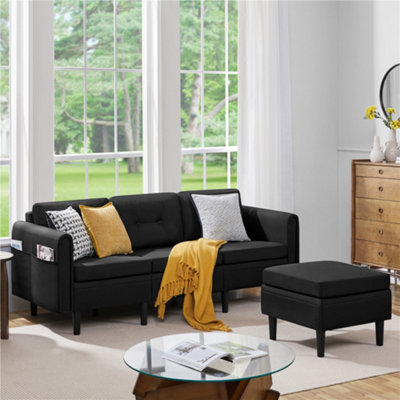Yaheetech Black Fabric Upholstered 3 Seater Corner Sofa with Ottoman